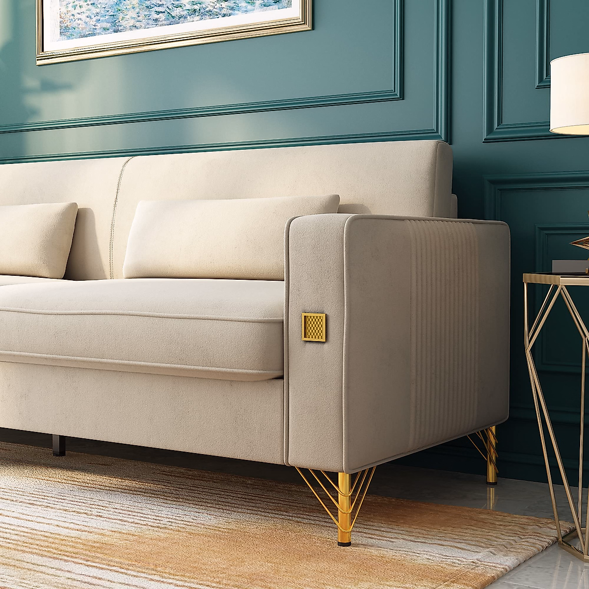 ANTTYBALE 85.63" Velvet Sofa,Modern Loveseat Couch with Pillows Set of 2 for Living Room,Bedroom,Apartment Furniture with Gold Metal Legs (Beige)