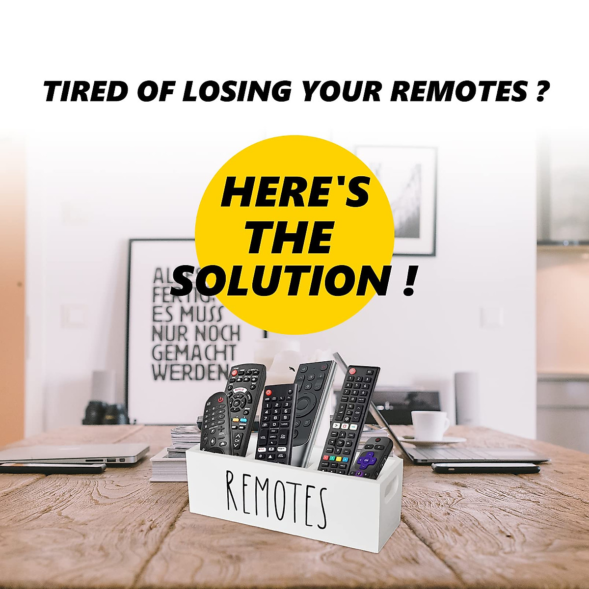 Remote Control Holder, Farmhouse Remote Storage Caddy, Bedside TV Controller Box, Rustic Wood Media Organizer Tray for Home Bedroom Table (White)