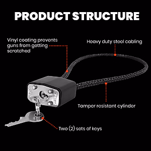 INNOVATEX 15-inch Gun Lock Cable Wire Locks with Keys for Rifles, Shotguns, Handguns, Pistols, and Firearm Safety, Gun Case Lock, DOJ Approved (1-Pack, Black)