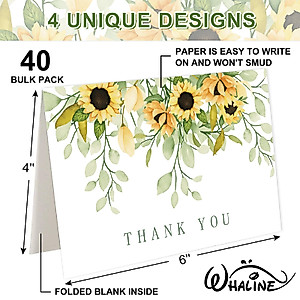 Whaline 40 Pack Sunflower Thank You Cards with Envelopes Stickers Watercolor Floral Greeting Cards Spring Summer Flower Blank Note Cards for Wedding Baby Shower Bridal Birthday Party, 4 x 6 Inch