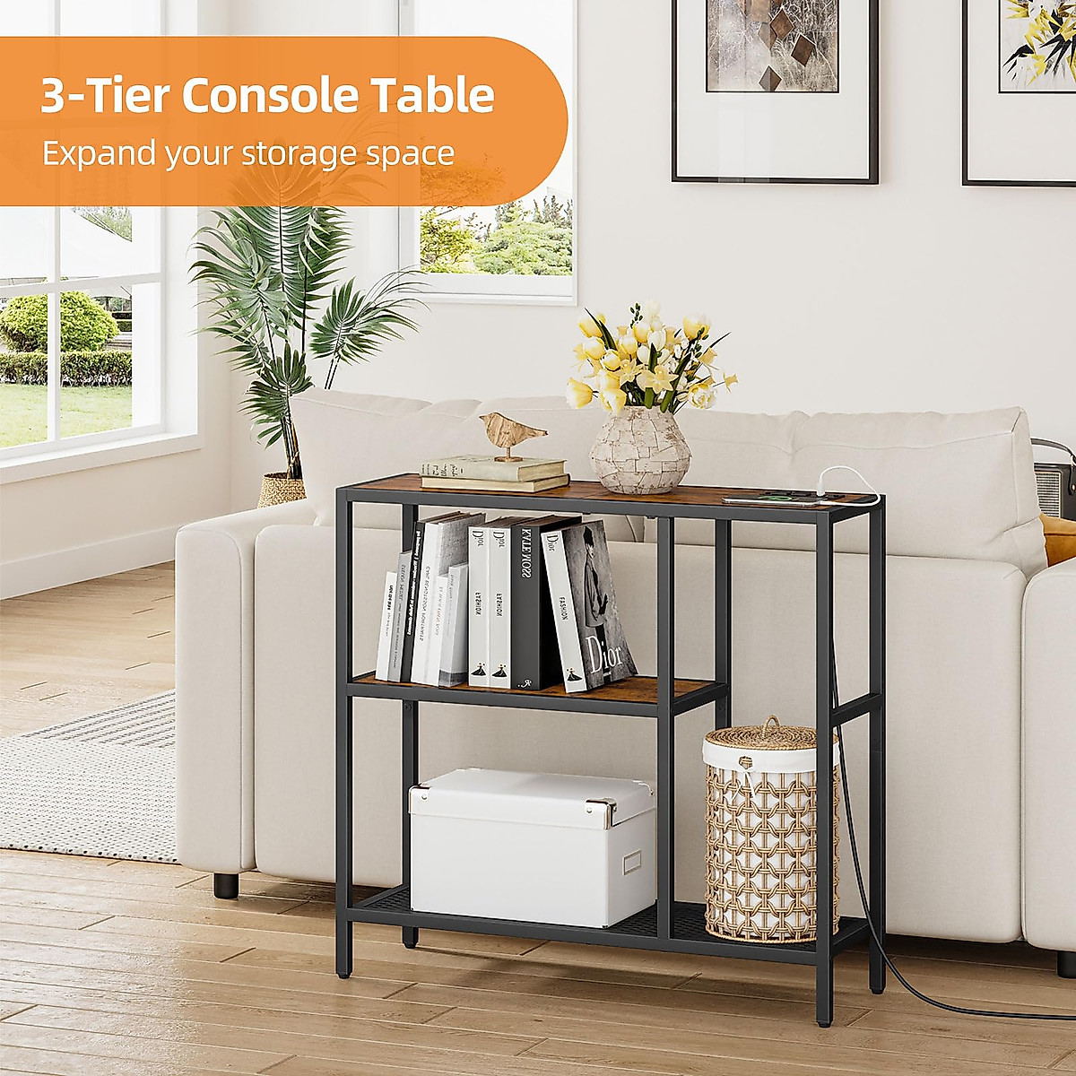 Snughome Console Table with Power Outlets, Entryway Table with Storage, Narrow Sofa Table with 3 Tier Shelves, Couch Table with USB Ports, for Hallway Living Room, Entrance