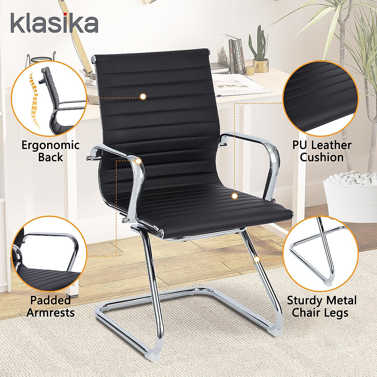 Office Guest Chair Meeting Room Chair Leather Folding Reception Chair Without Wheel with Sled Base for Waiting Room Conference Room Living Room Home Office (2 Pack)