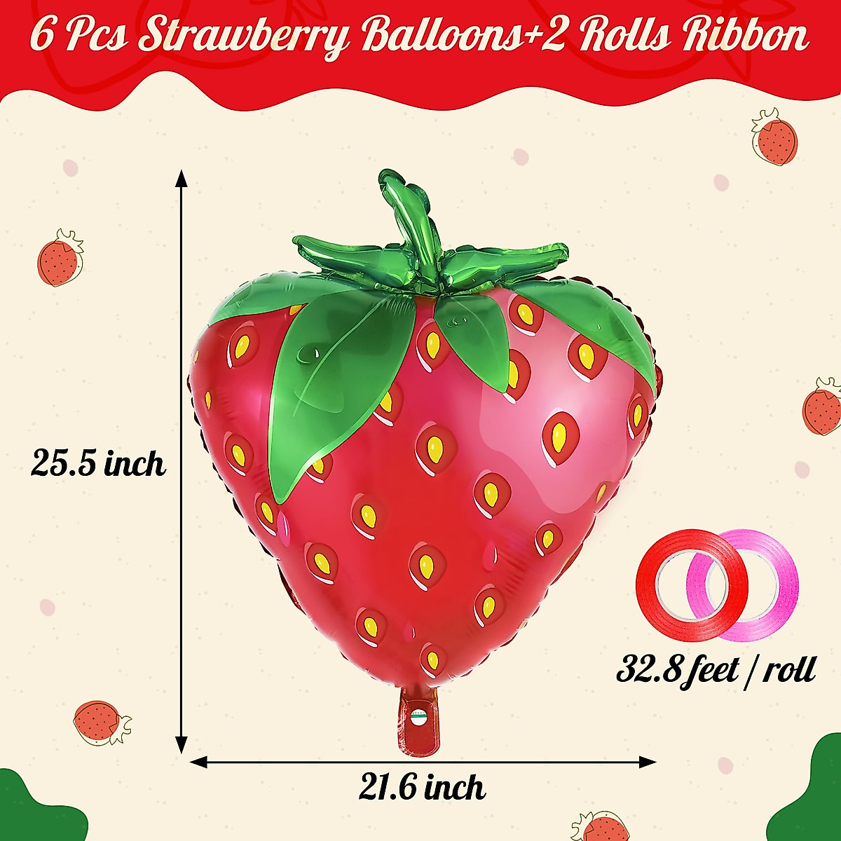 Strawberry Balloons, 6 Pcs Sweet Fruit Balloons for Birthday Party Decorations, Strawberry Foil Balloons for Strawberry Themed Party Baby Shower Gender Reveal