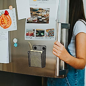 2 Pack of Magnetic Metal Mesh Pen Holder, Black Stainless Steel Pencil Holder with Magnets, Basket Storage Organizer for Whiteboard, Blackboard, Kitchen, Locker, Home, or Office