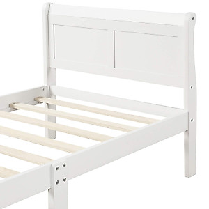 Harper & Bright Designs Twin Size Bed Frame with Headboard and Footboard, Wood Twin Platform Bed Frame with Wooden Slat Support, Sleigh Twin Bed for Kids,Boys, Girls,White
