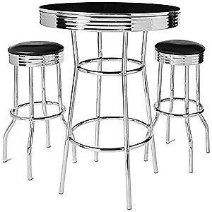 Crown Mark 3905Set Retro 3pc Bar Set w/ 2 stools Black and Chrome