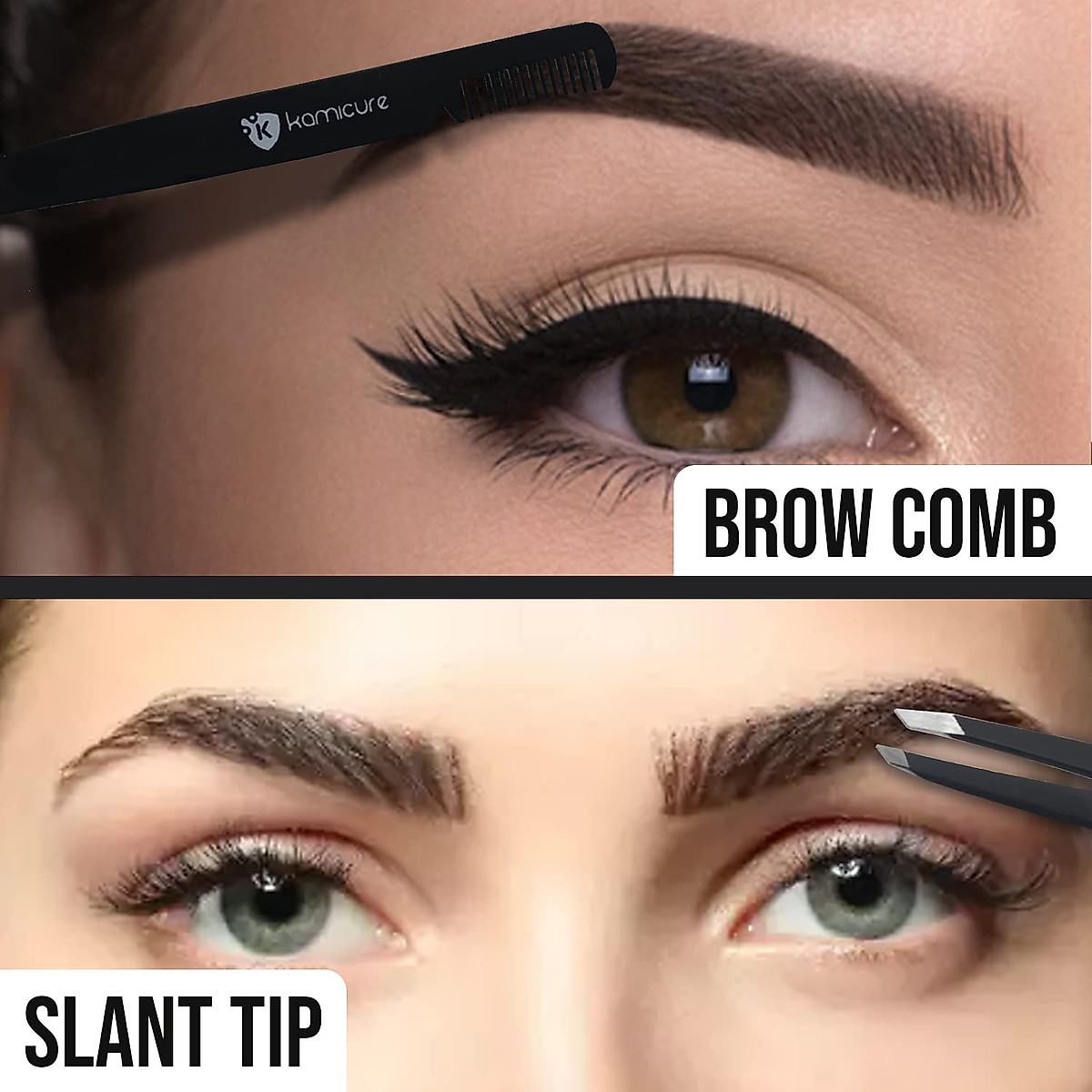 KAMICURE - Professional Tweezers with Comb Feature, Eyebrow Tweezers for Women Facial Hair Slant Tip Stainless Steel Ingrown Hair Tweezer