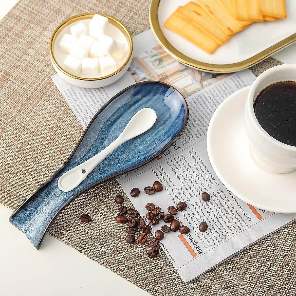 Tikooere Ceramic Spoon Rest for Stove Top,Large 8.7 Inch Spoon Holder for Kitchen Counter,Porcelain Utensil Rest for Thankgiving and Christmas Gift,Dishwasher Safe and Heat-Resistant,Blue(1 PC)