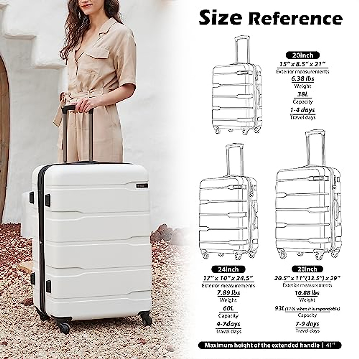 Coolife Luggage Expandable(only 28") Suitcase PC+ABS Spinner Built-In TSA lock 20in 24in 28in Carry on (white, M(24in).)