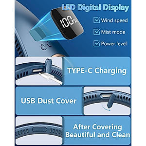 Neck Fan with Mist Spray,Personal Bladeless Folding Neck Fans that Blow Cold Air,Portable Neck Fan Rechargeable Battery Operated Quiet Headphones Device,Wearable Necklace Fan for Women Men Kids Blue