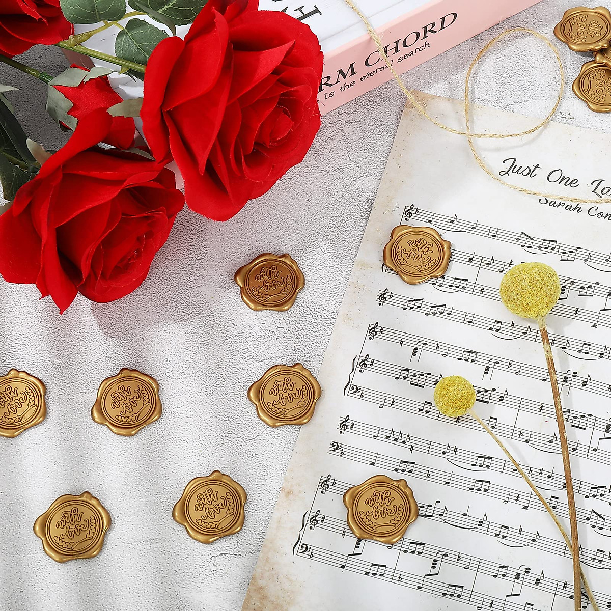 Whaline 50Pcs Gold Wax Seal Stickers with Love Stickers Envelope Sealing 3D Bronze with Love Self-Adhesive Embossed Stickers for Wedding Baby Shower Anniversary Invitation Cards Mails Gift Decor