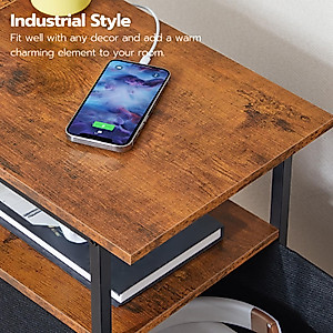 HOOBRO End Table with Charging Station, Set of 2 Narrow Side Tables, Nightstand with 2 Non-Woven Drawers, Slim Sofa Table, for Small Spaces, Living Room, Bedroom, Rustic Brown and Black BF486UBZP201