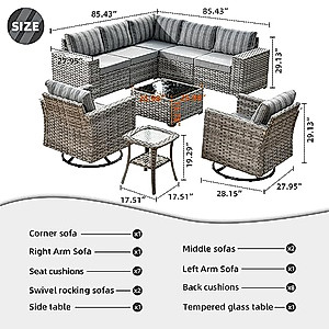 XIZZI Patio Furniture Sets Outdoor Sectional Sofa Swivel Rocking Chairs 9 PCS All Weather PE Wicker Conversation Couch with Coffee and Side Table for Backyard Deck Garden,Dark Grey Stripes
