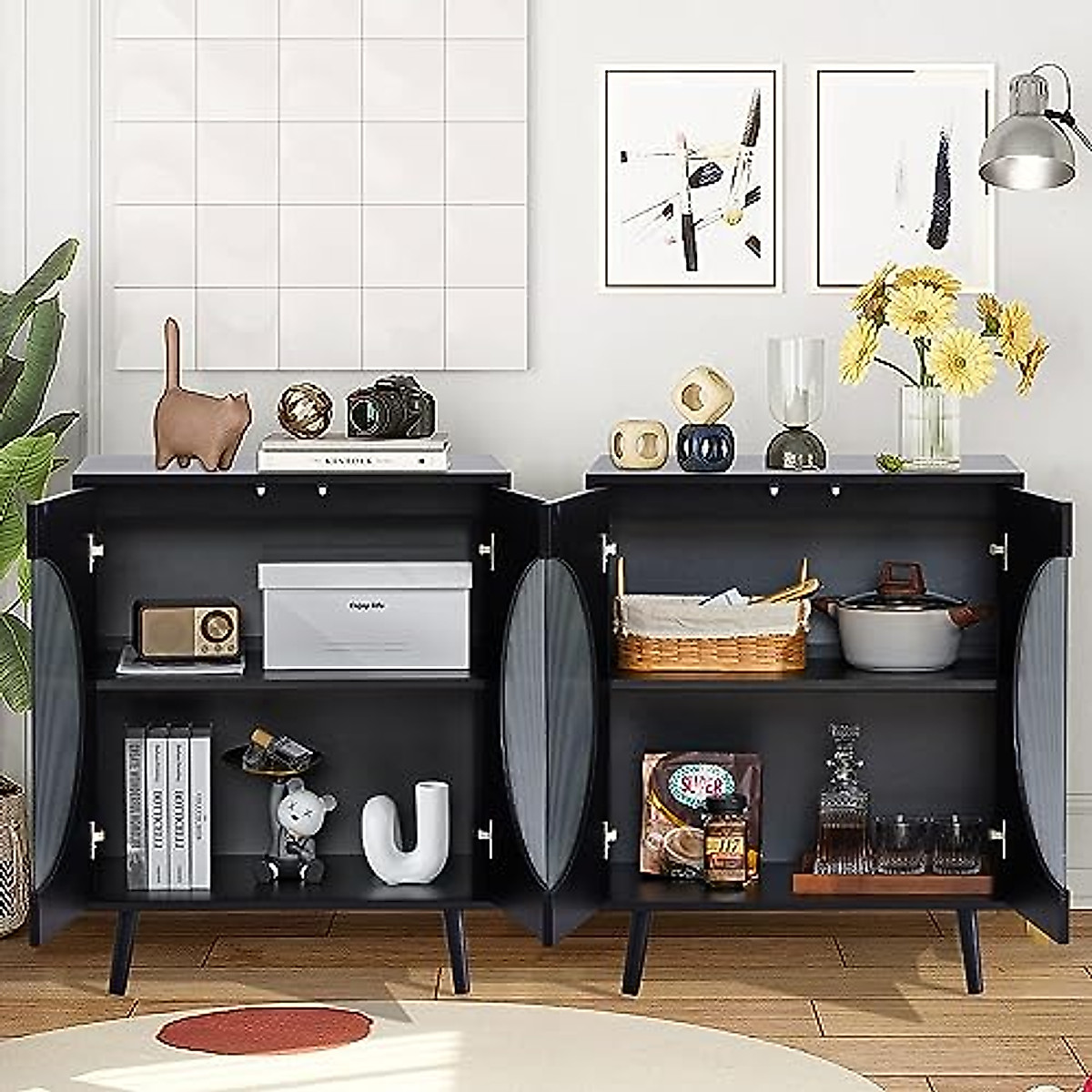 Modern Glass Sideboard Buffet Cabinet set of 2, Accent Cabinet Freestanding Kitchen Storage Cabinet Console Table with Adjustable Shelves and Pop-up Doors for Living Room, Kitchen, Hallway (Black)