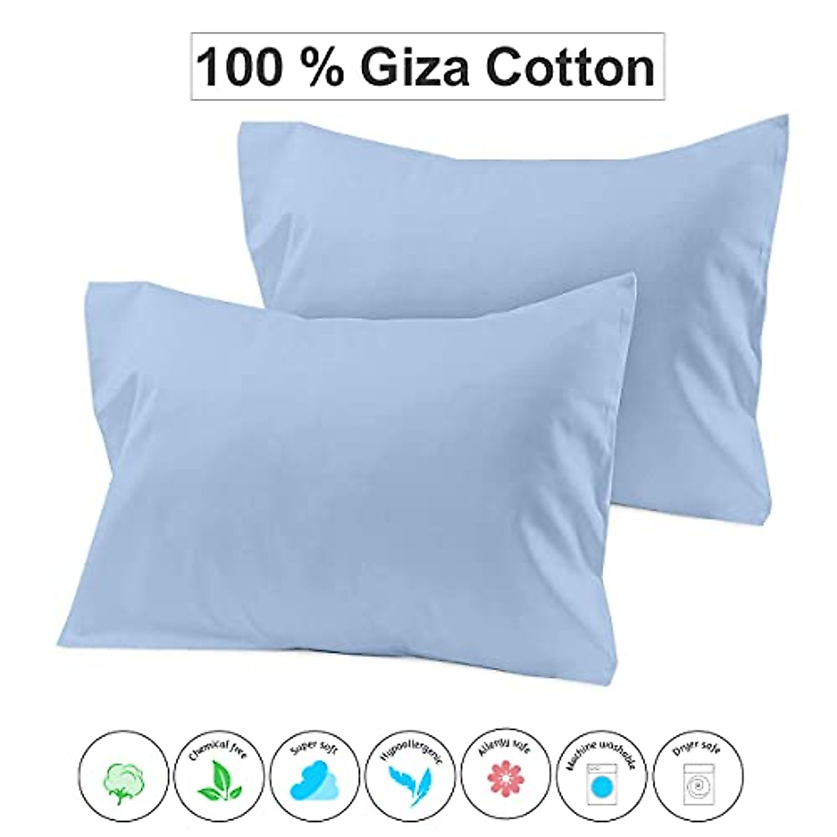 Giza Cotton Travel Pillowcases Pack of 2, Solid Sky Blue Envelope Style Pillow Cover Baby Pillowcase Giza Cotton Pillow Shams for Kids 12x16 Travel Pillow Case Covers