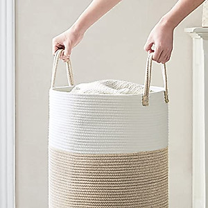 Cotton Rope Laundry Hamper by YOUDENOVA, 58L - Woven Collapsible Clothes Storage Basket for Blankets, Laundry Room Organizing, Bedroom, Brown & White
