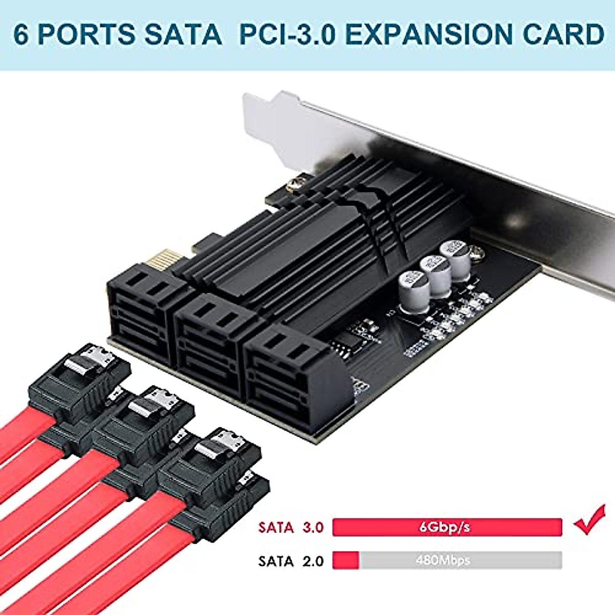 PCIe x1 SATA Card 6 Port, SATA 3.0 Controller Expansion Card with 6 SATA Cables & Low Profile Bracket,SATA III PCIE Gen3 Adapter(6Gbps) ASM1166 Chip, Plug and Play on Windows, MAC OS, Linux System