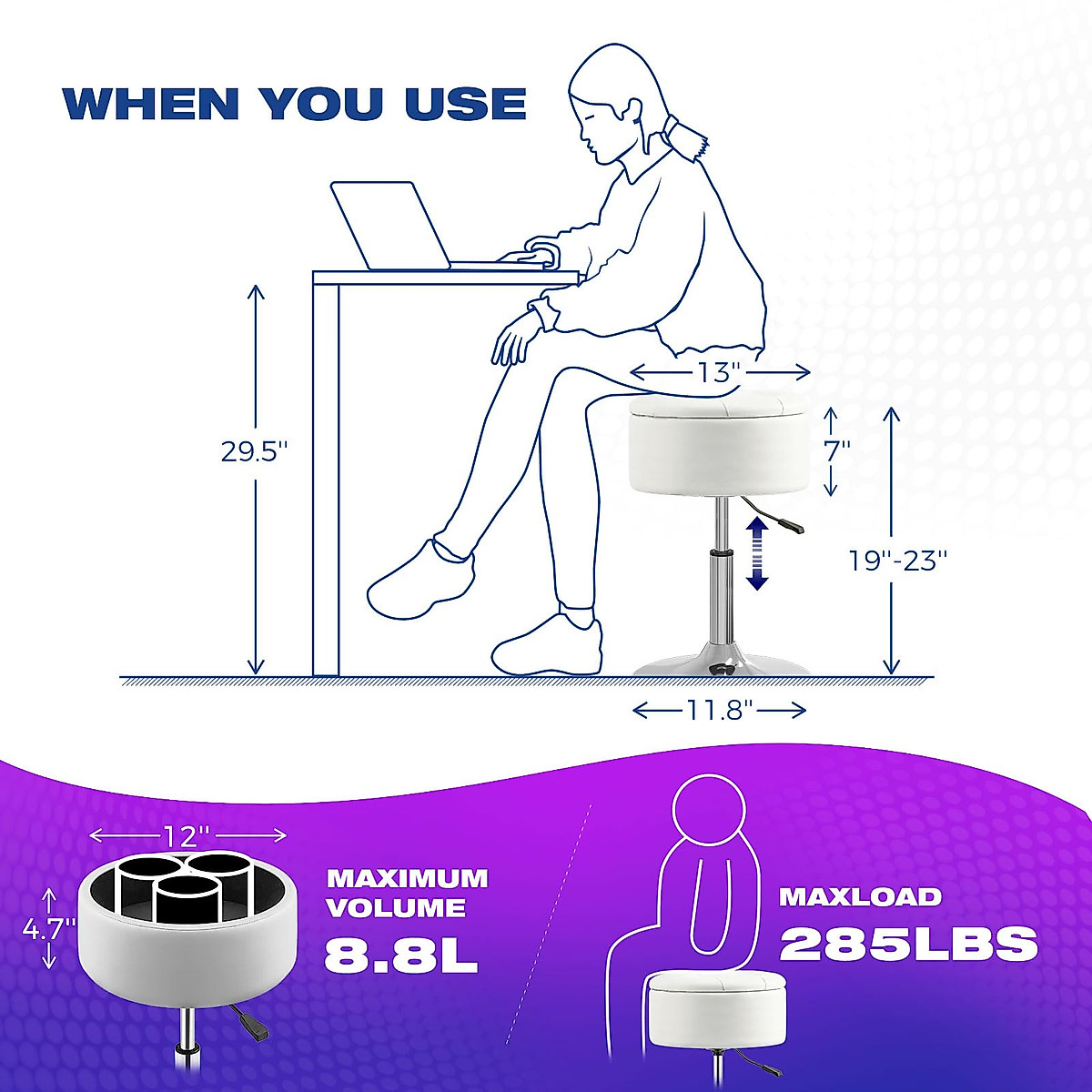 GREENSTELL Vanity Stool with Storage, 19" to 23" Height Adjustable PU Leather Vanity Chair, 360° Swivel Makeup Stool with Removeable Tray, Modern Ottoman for Bedroom Bathroom, White