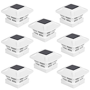 LamQee White Solar Post Caps Solar Post Lights Outdoor Waterproof Warm/Cool White 2 Modes Post Cap Lights for Deck Solar Powered Led Post Cap for Vinyl Fence Post Solar Lights 4X4 8 Packs