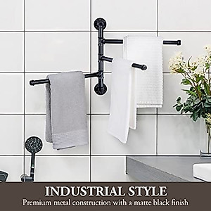 MyGift Wall Mounted Bathroom Towel Rack, Black Metal Industrial Pipe Design Swivel 3 Bar Towel Rack