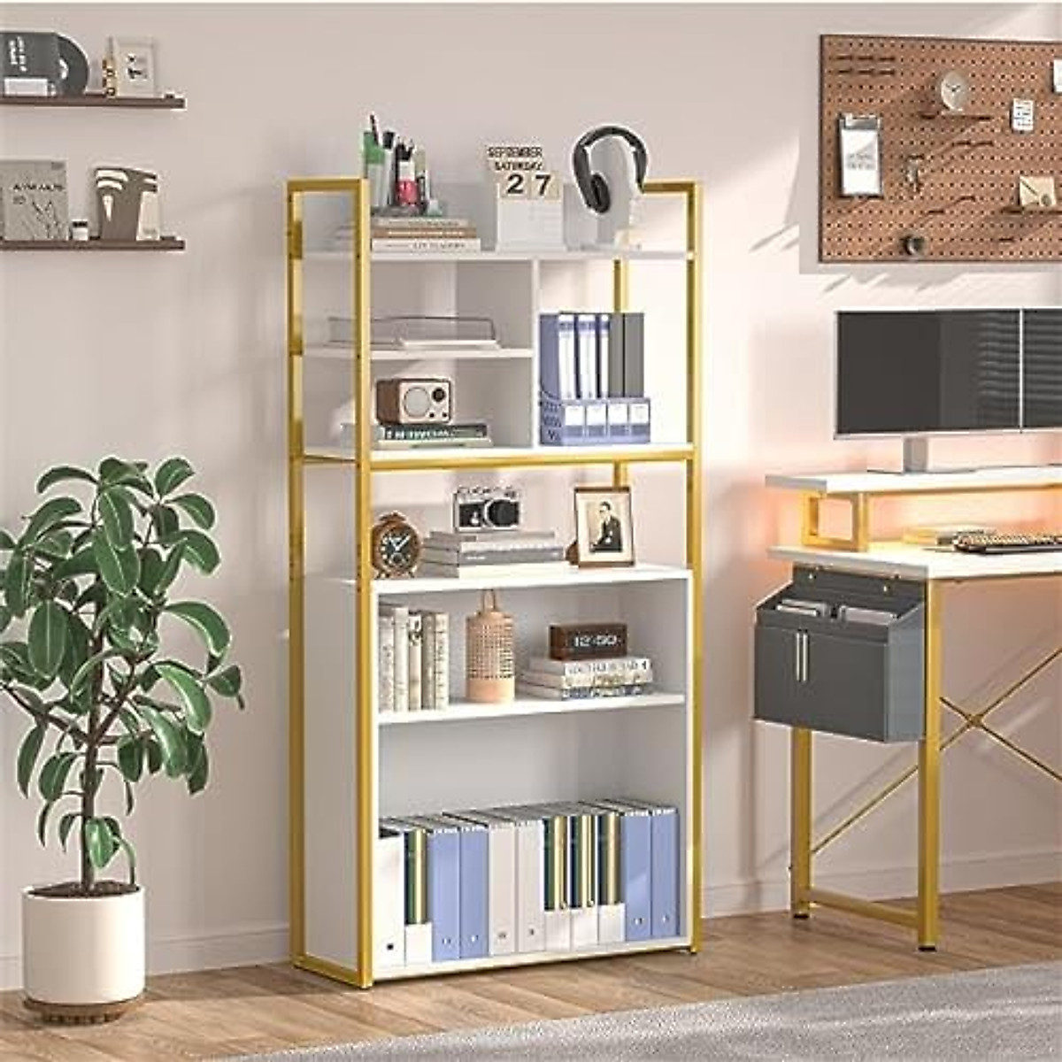 DIRKES White Industrial Bookshelf,6 Tier Tall Bookshelves Wood and Gold Metal Frame Standing Bookcase, Display Book Shelf with Adjustable Storage Shelves for Home Office, Living Room, Bed Room