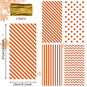 Whaline 160Pcs Fall Cellophane Treat Bags Orange Stripe Wave Dot Candy Plastic Goody Bags Autumn Cookie Snack Packing Decor with Twist Ties for Autumn Thanksgiving Birthday Party Favor, 5.1 x 10.6in
