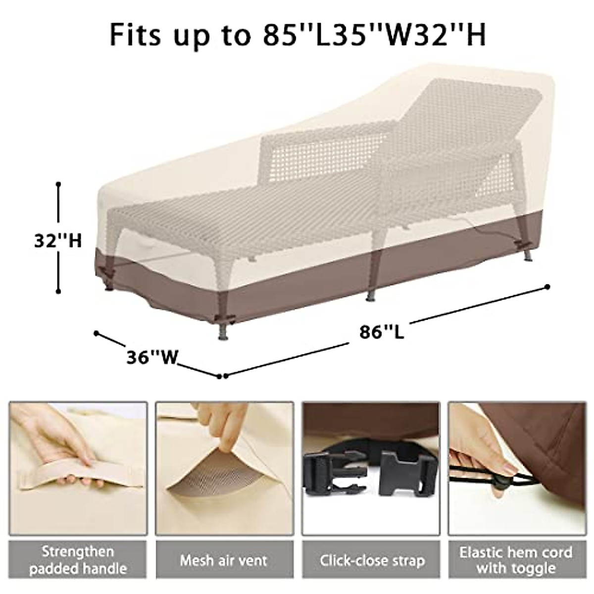 Patio Furniture Covers, Double Wide Chaise Lounge Chair Cover (86 x 36 x 32 Inch) 600D Heavy Duty Outdoor Patio Furniture Cover Chair-Waterproof & Weather Resistant, Anti UV - Beige & Brown