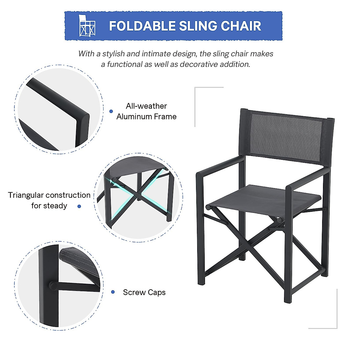 Soleil Jardin Outdoor Folding Director Chair Set of 2, Aluminum Portable Dining Chair Beach Chair for Camping Picnic Garden, Dark Grey Frame