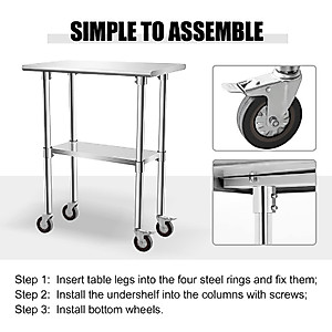 KODOM Food Prep Stainless Steel Table 30" x 18", Heavy Duty Workbench with Adjustable Under Shelf, Commercial Worktable with 4 Casters for Commerical Kitchen, Restaurant, Home and Hotel