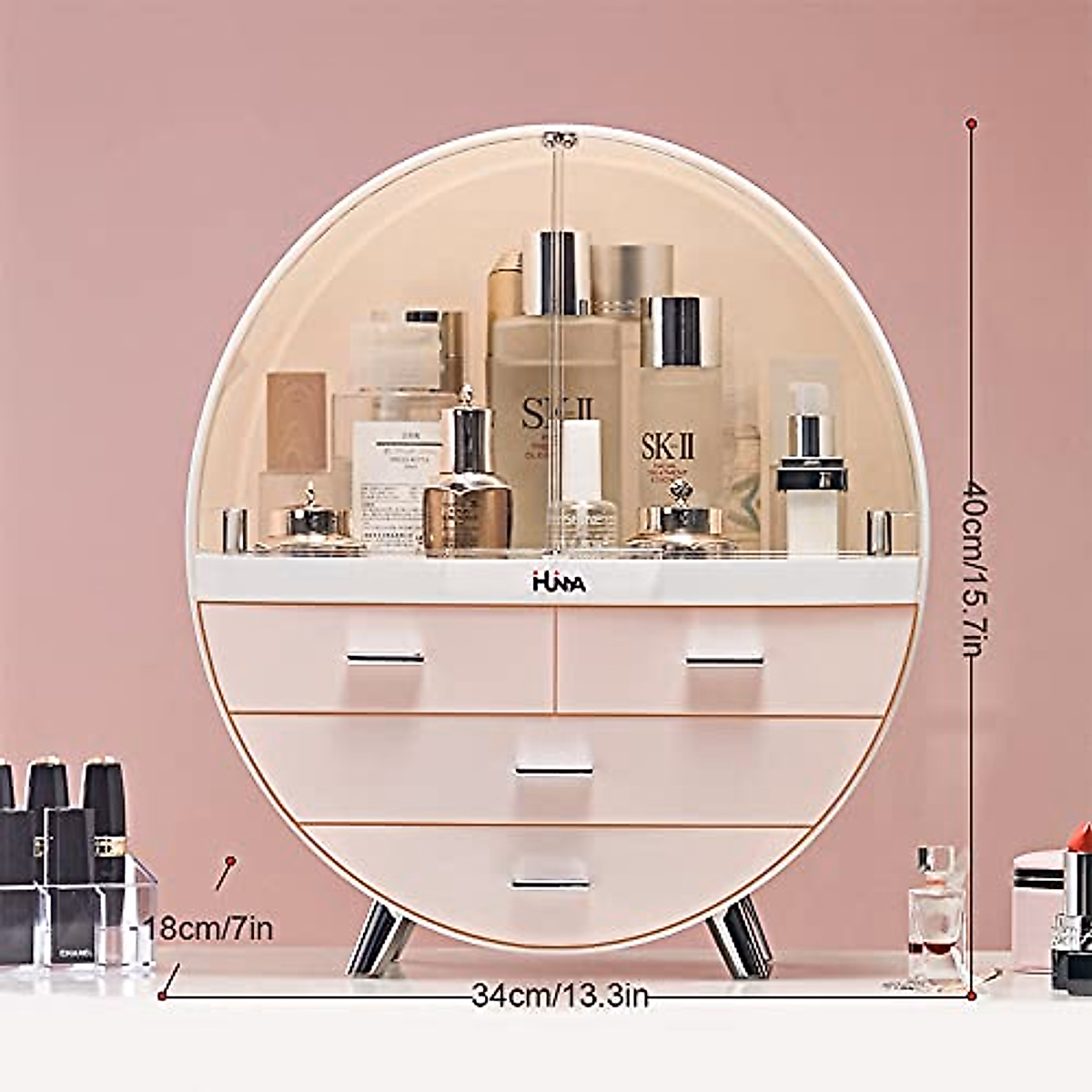 Ihuiniya Makeup Storage Organizer Box，Cosmetics storage display rack with drawer，Waterproof, dustproof, elegant display cabinet，Suitable for bathroom countertop, bedroom dresser (Large Pink)