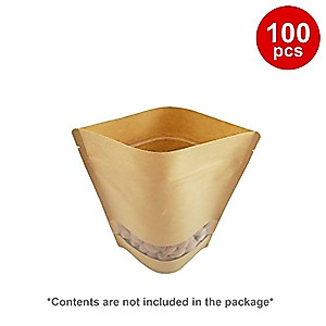 Kraft Stand Up Bags Pouches with Window & Zipper for Food Storage 5" x 8" x 2.7" (Up to 4oz) 100 pcs