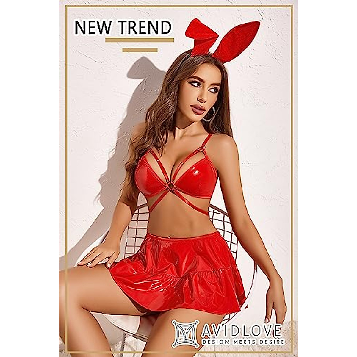 Avidlove Women Exotic Lingerie Set Sexy PU Leather Bra Top and Panty Set with Mini Skirt Sexy Lingerie Outfits Red