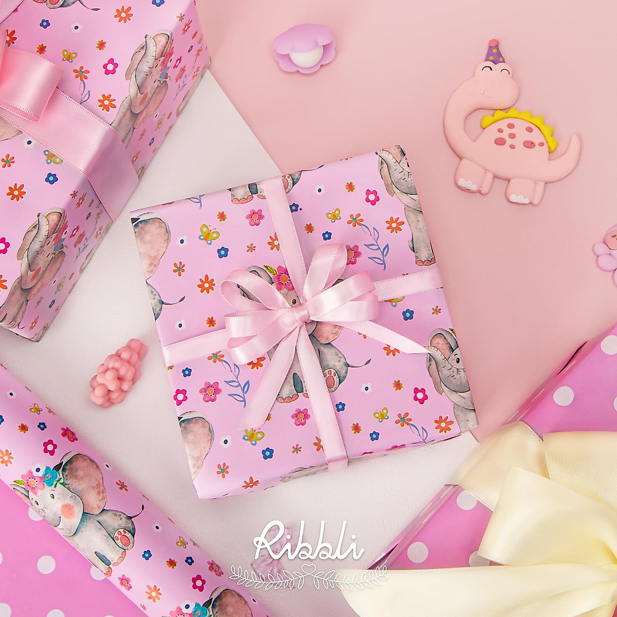 Ribbli Reversible Baby Girl Wrapping Paper Blue Elephant with Pink Polk Dots Paper for Baby Shower Kids Birthday Party - 17Inch x 394Inch(33Feet)