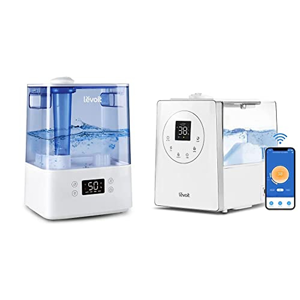 LEVOIT Humidifiers for Bedroom Large Room Home, Blue & Humidifiers for Bedroom Large Room Home, Smart Wifi Alexa Control, 6L Top Fill Warm and Cool Mist, White