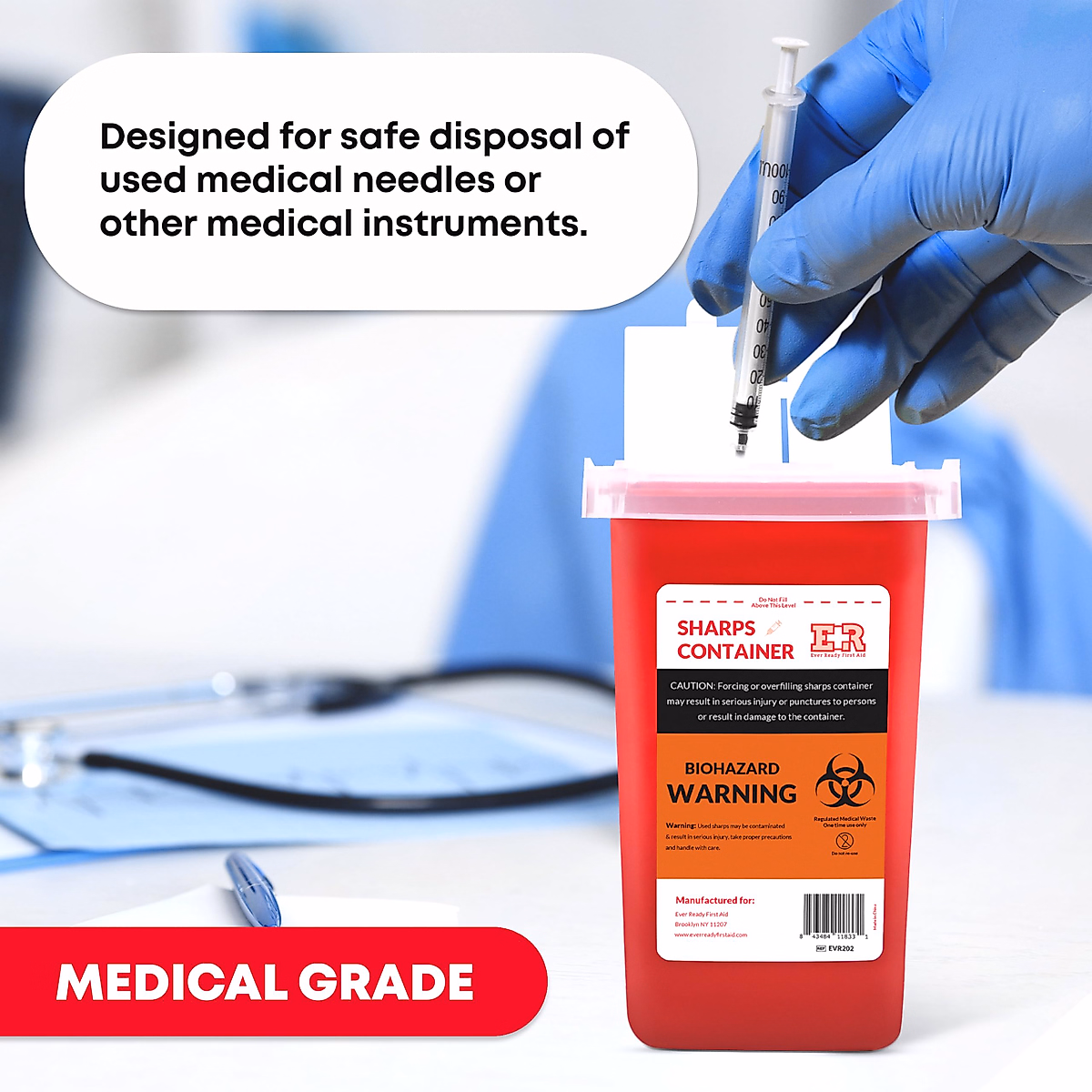 Ever Ready First Aid Sharps Container with Split Lid Design and Locking Mechanism for Sharp Waste Disposal, 1 Quart