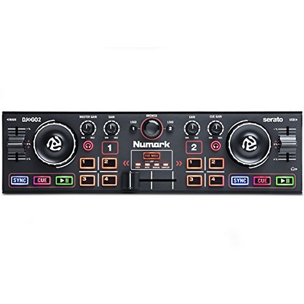 Numark DJ2GO2 | Ultra Portable Two Channel DJ Controller for Serato DJ Intro Featuring A Built In Audio Interface With Headphone Cueing, Pad Performance Controls, Crossfader and Jogwheel