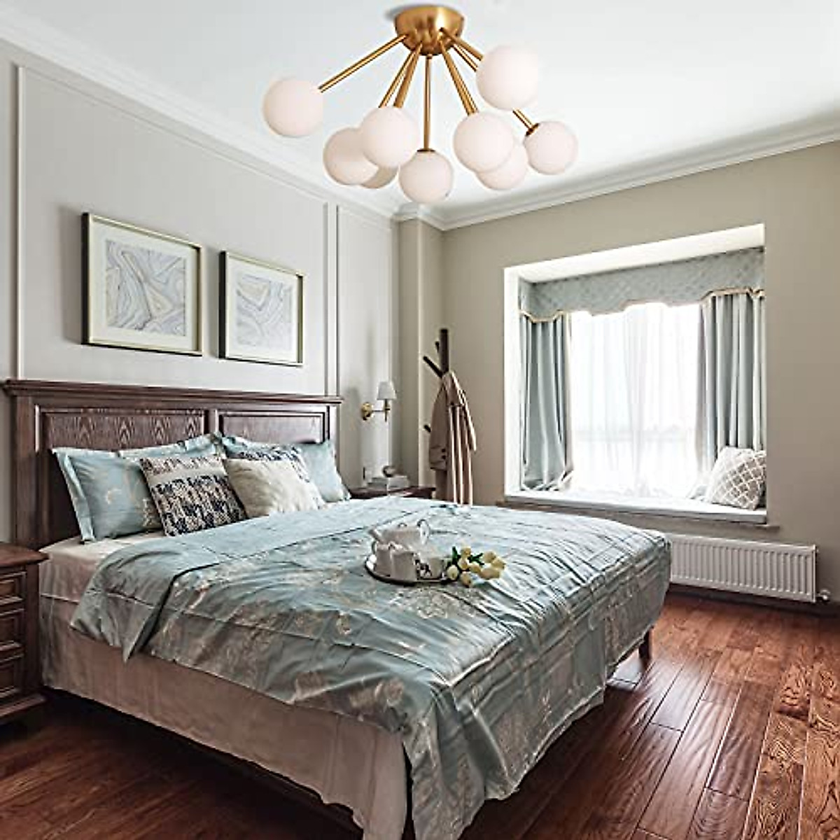 BAODEN Large 9 Lights Modern Globe Semi Flush Mount Ceiling Light Mid Century Sputnik Chandeliers with White Globe Glass Lampshade Brushed Brass Elegant Light Fixture for Living Room Lighting(Gold)