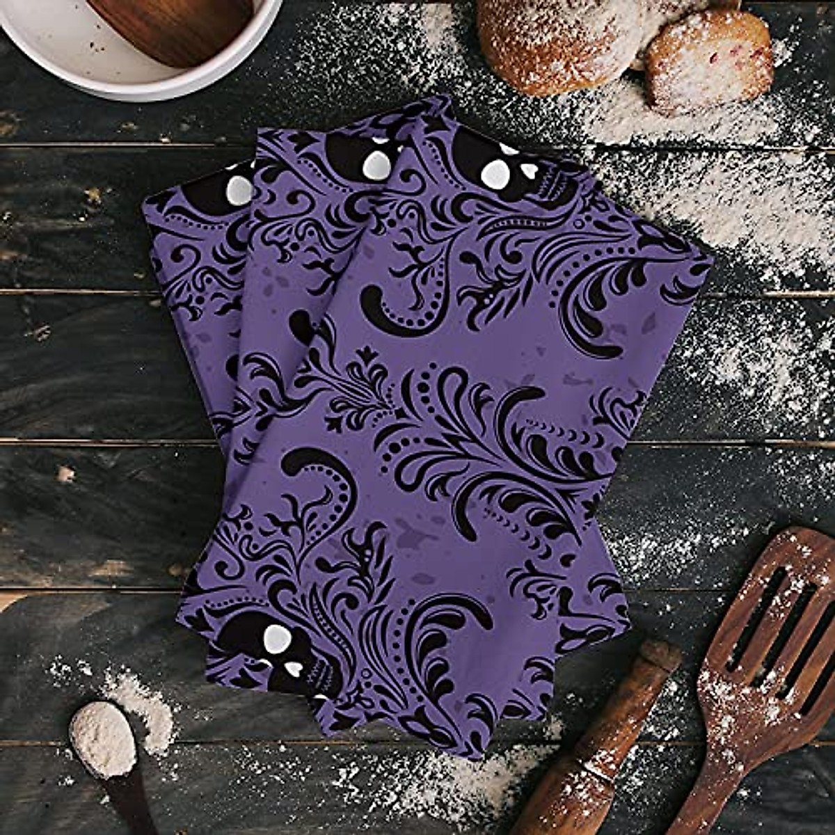LOVE HOME DAY Halloween Skull Damask Kitchen Towel Set of 1, Horror Black Flowers Texture Hand Towels Absorbent Microfiber Dish Cloth Purple Washable Tea Bar Dishcloth Cleaning Cloths