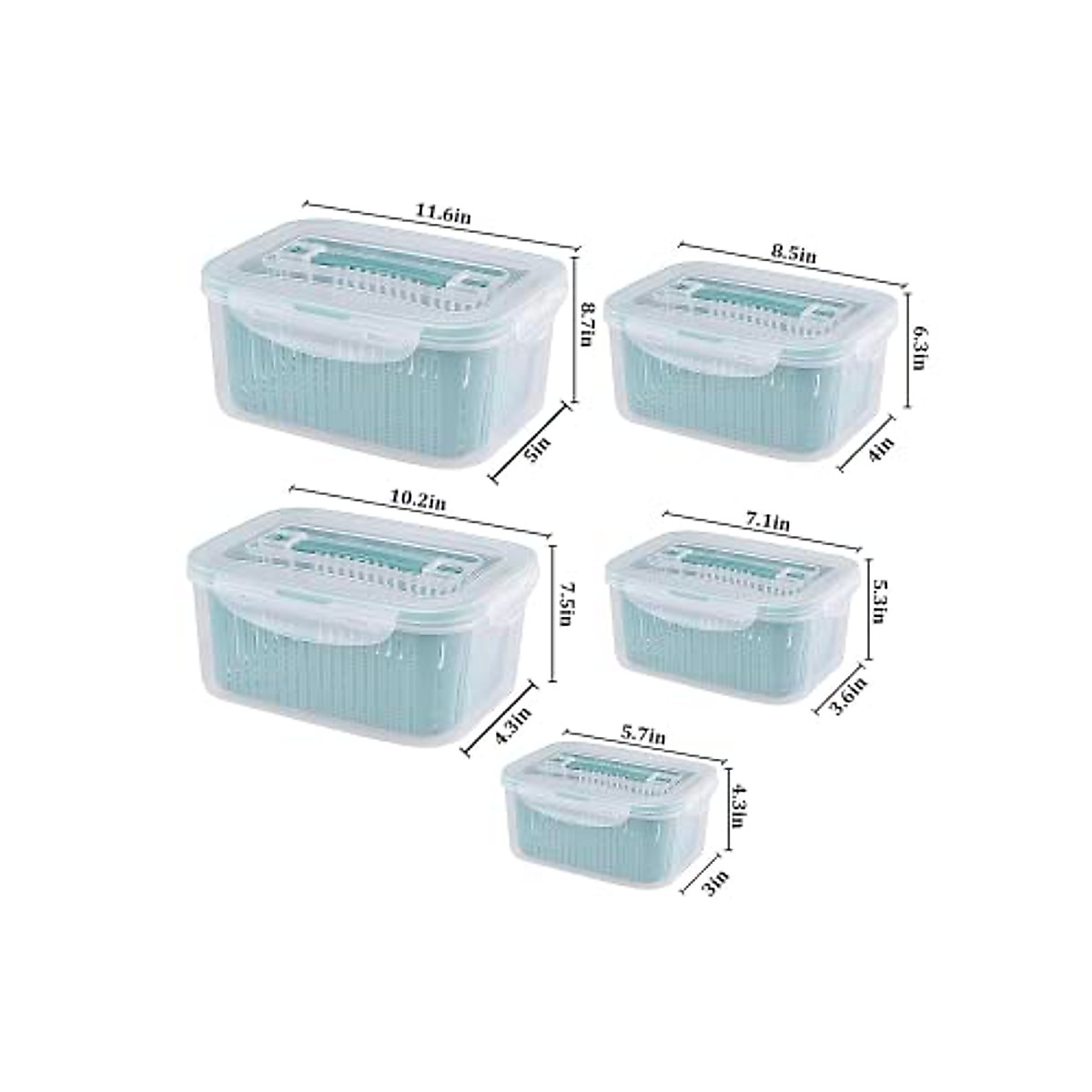 Plastic Food Storage Containers, Fresh Vegetable Fruit Storage Containers for Refrigerator, Kitchen Produce Saver Container with a Draining Basket, BPA Free (5 Pack)