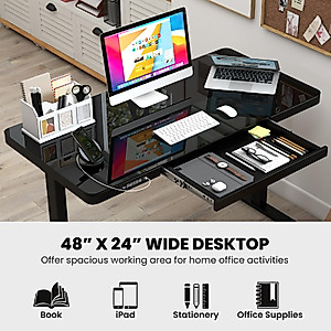 Giantex Glass Standing Desk with Drawer, 48" x 24" Height Adjustable Electric Stand Up Desk with Tempered Glass Top, 2 Memory Positions & USB Type-C Outlets, Sit Stand Desk for Home Office, Black