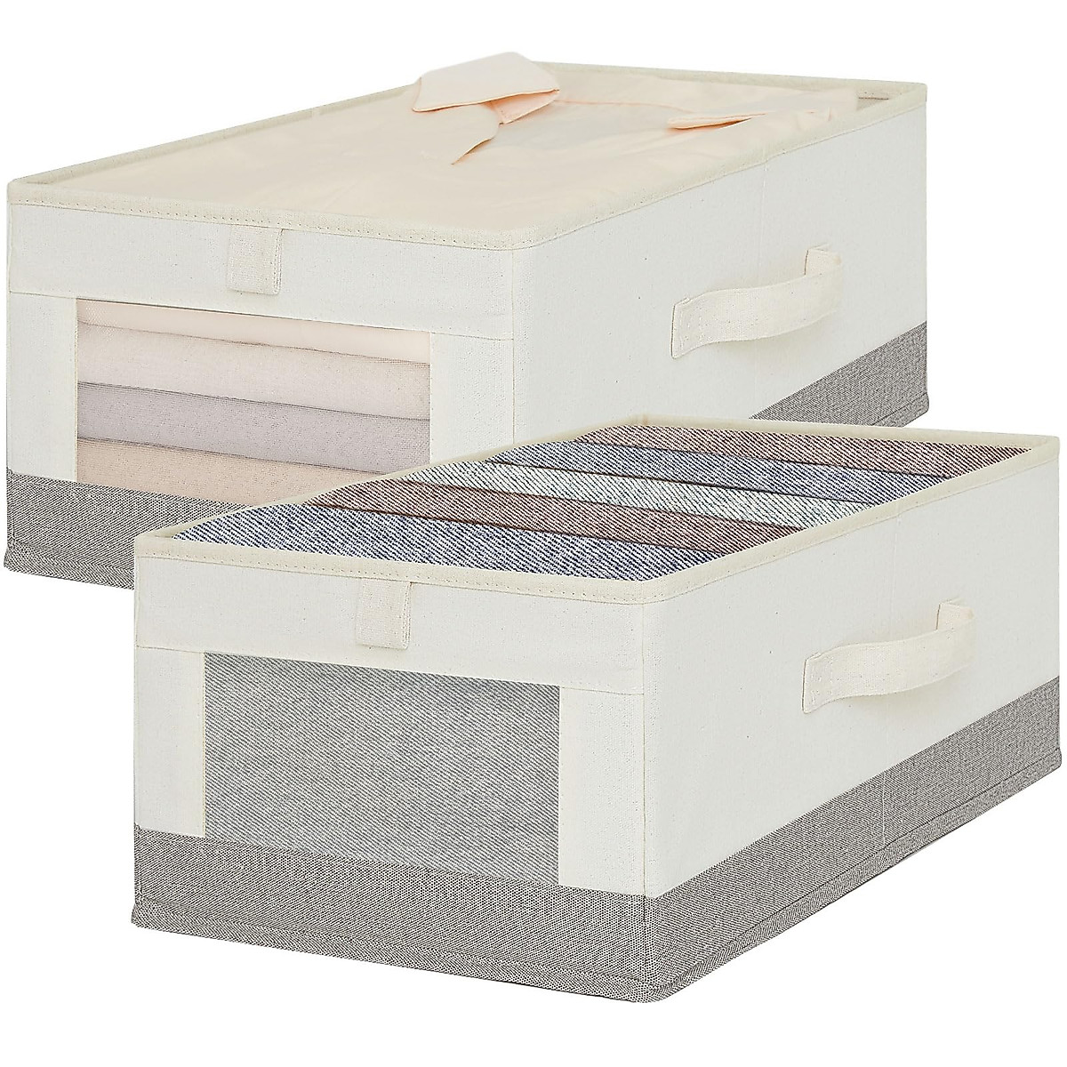 LoforHoney Home Closet Storage Bins with Clear Window, Foldalble Storage Baskets for Shelves with Handles, Fabric Storage Bins for Clothes, Shelf Baskets for Organizing, Beige & Gray, 2-Pack
