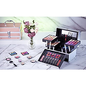Hot Sugar Girls Makeup Set for Teenagers Beginners Adults Professionals with Reusable Trendy Silver Cosmetic Box Includes Everything for A Full Face Makeup Eyeshadow Lip Gloss Blush Brush Lipstick