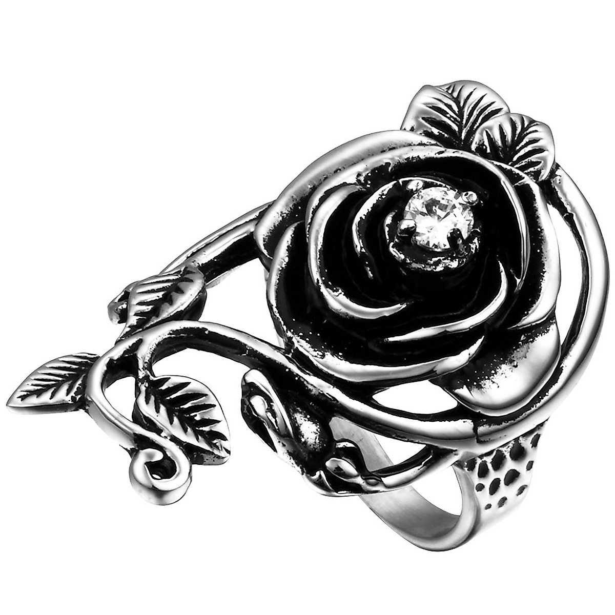 Flongo Womens Ladies Gothic Stainless Steel Rose Flower Vine Band Ring, Size 8