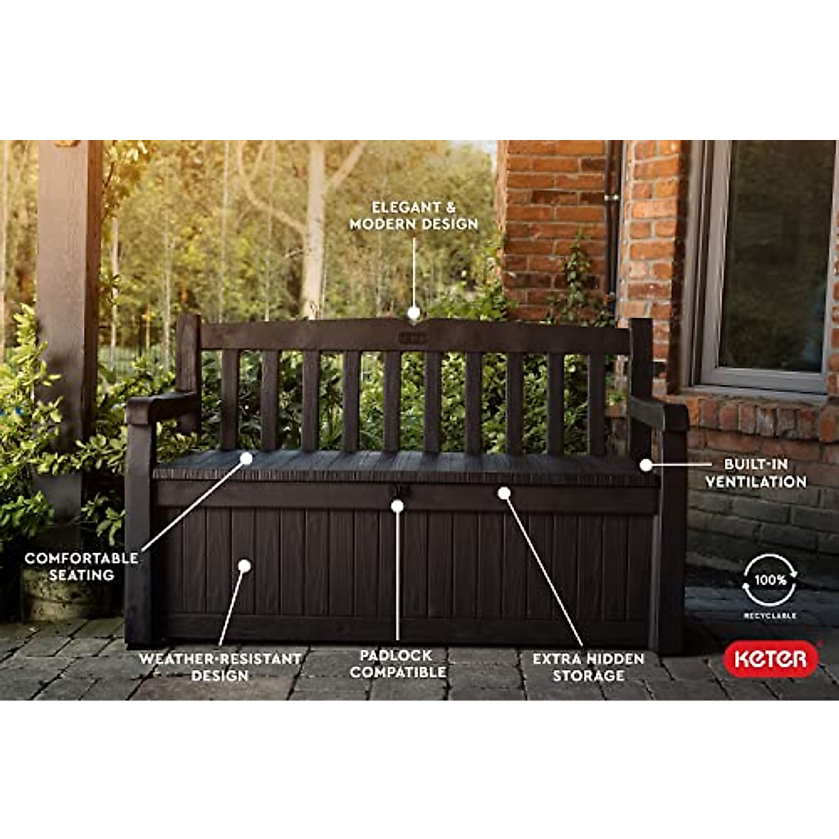 Keter Solana 70 Gallon Storage Bench Deck Box for Patio Furniture, Front Porch Decor and Outdoor Seating – Perfect to Store Garden Tools and Pool Toys, Brown