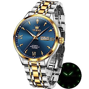 OLEVS Automatic Watches for Men Mechanical Self Winding Luxury Business Calendar Waterproof Luminous Stainless Steel Wrist Watch Gold Blue