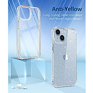 MIODIK for iPhone 14 Case with Screen Protector + Camera Lens Protector, [Non-Yellowing] Clear Glitter Phone Case, [Military-Grade Protective] Shockproof Women Cover for 6.1 Inch - Sparkle Clear