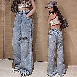 YaYabroe Kids Girls Ripped Distressed Washed Baggy Wide Leg Casual Jeans Size 5-14 yrs (11-12 Years, Blue)