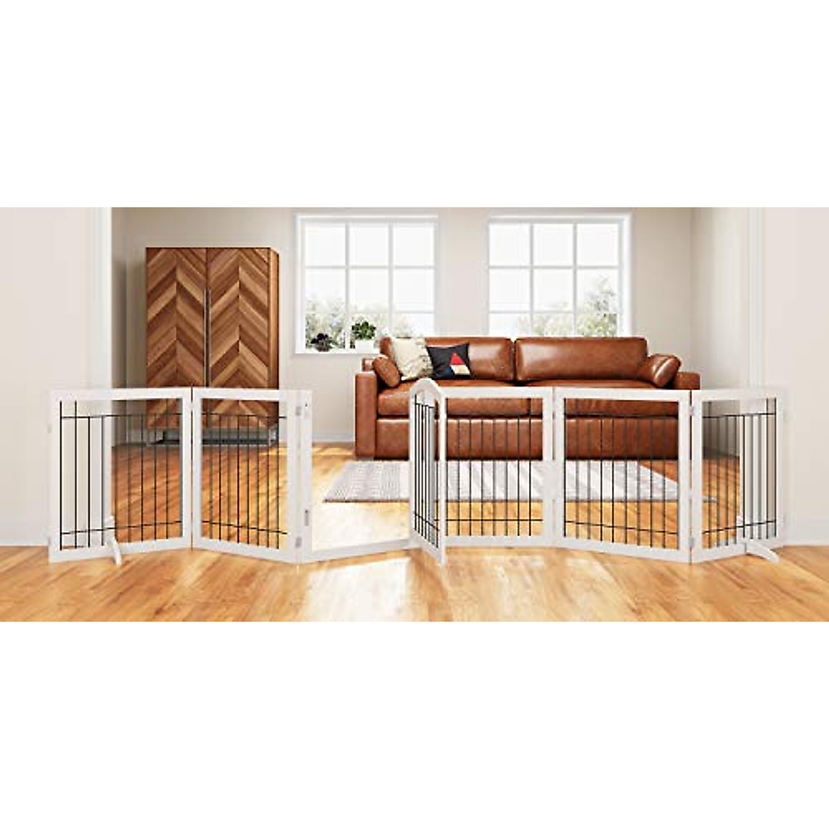 PAWLAND 144-inch Extra Wide 30-inches Tall Dog gate with Door Walk Through, Freestanding Wire Pet Gate for The House, Doorway, Stairs, Pet Puppy Safety Fence, Support Feet Included, White,6 Panels