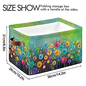 Foldable Storage Basket Green,Spring Flower Decorative Organizer Basket with PU Handles, Baskets for Shelves Home Closet Bedroom Living Room - 1 Pack