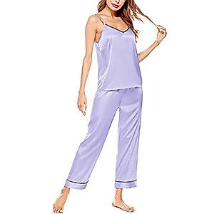 SWOMOG Womens Silk Satin Pajamas Set Two-Piece Pj Sets Cami Top and Capris Pants Sleepwear Lavender